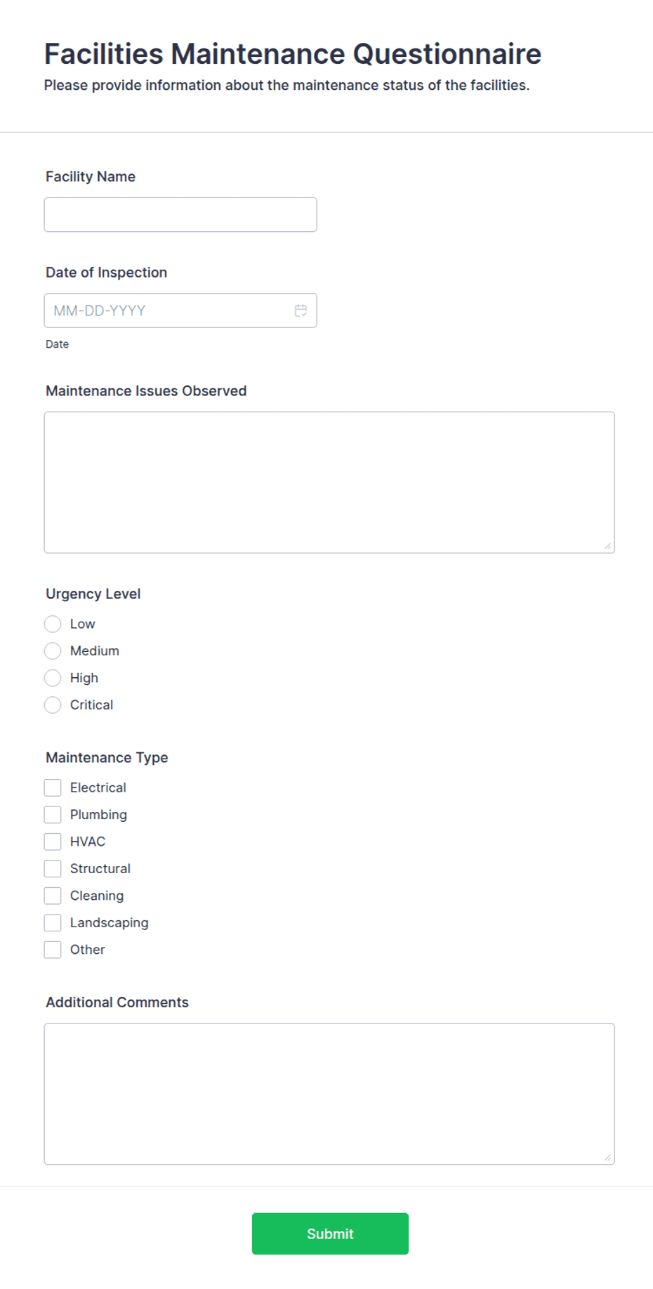 Facilities Maintenance Questionnaire Form Template | Jotform