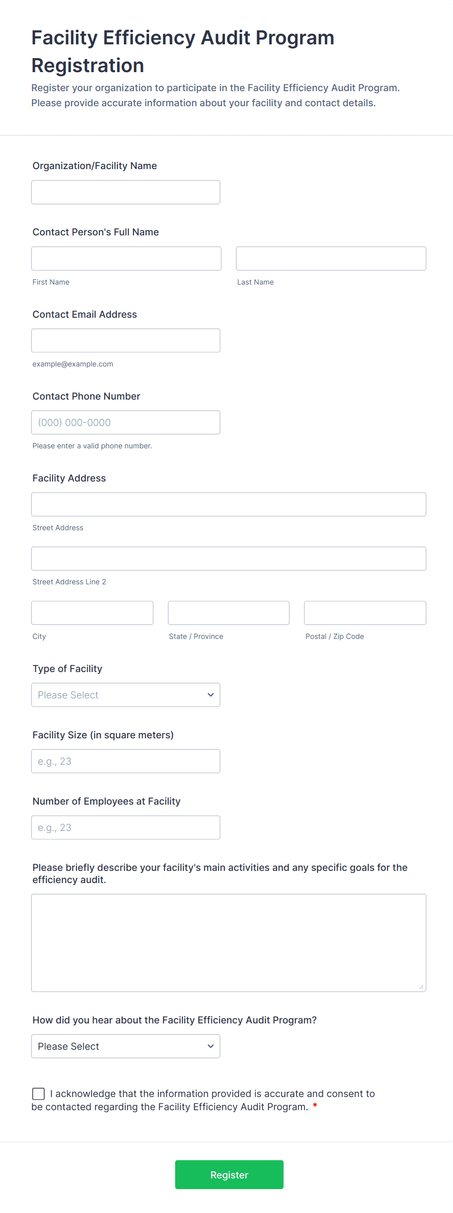 Facility Efficiency Audit Program Registration Form Template | Jotform
