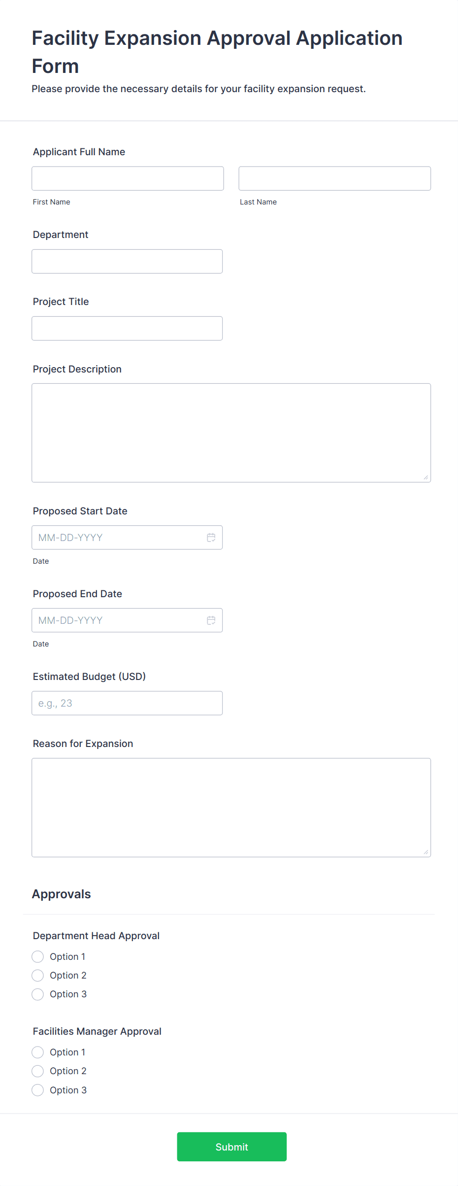 Facility Expansion Approval Application Form Template | Jotform