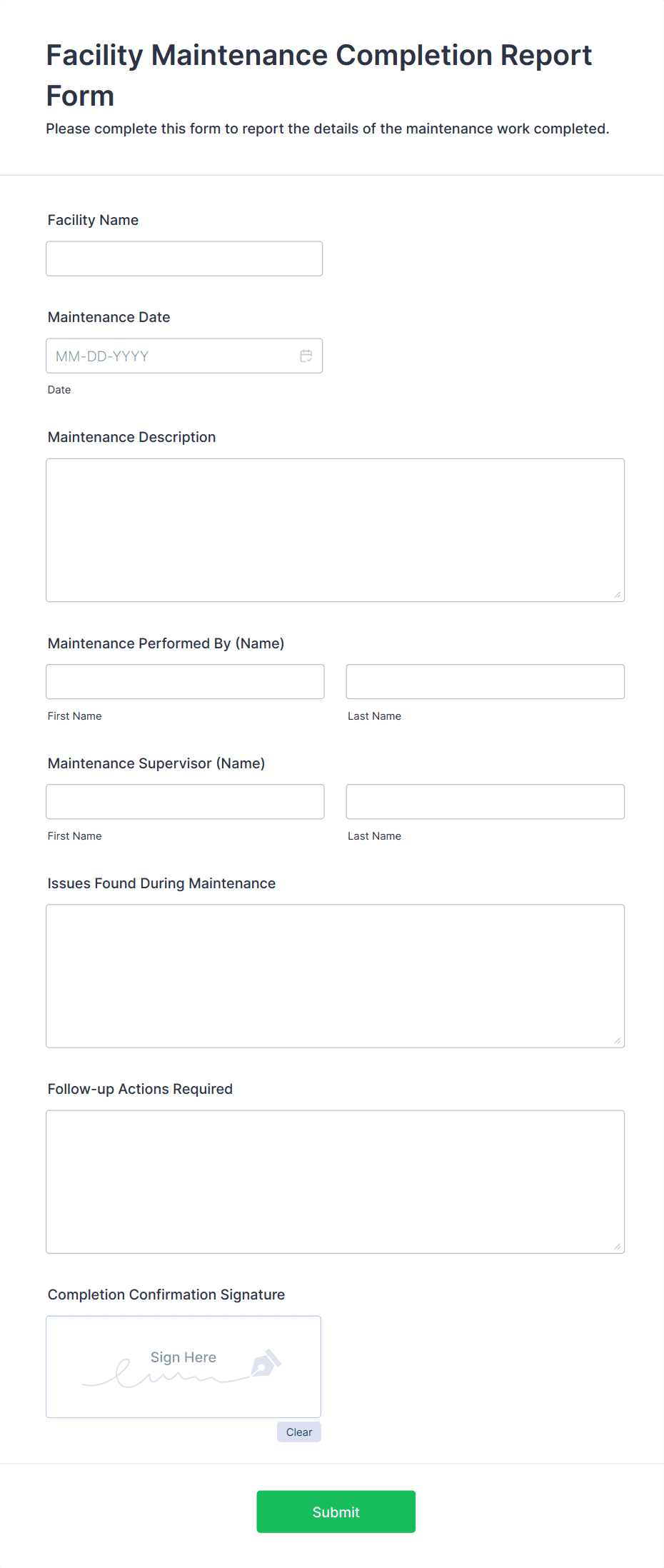 Facility Maintenance Completion Report Form Template | Jotform