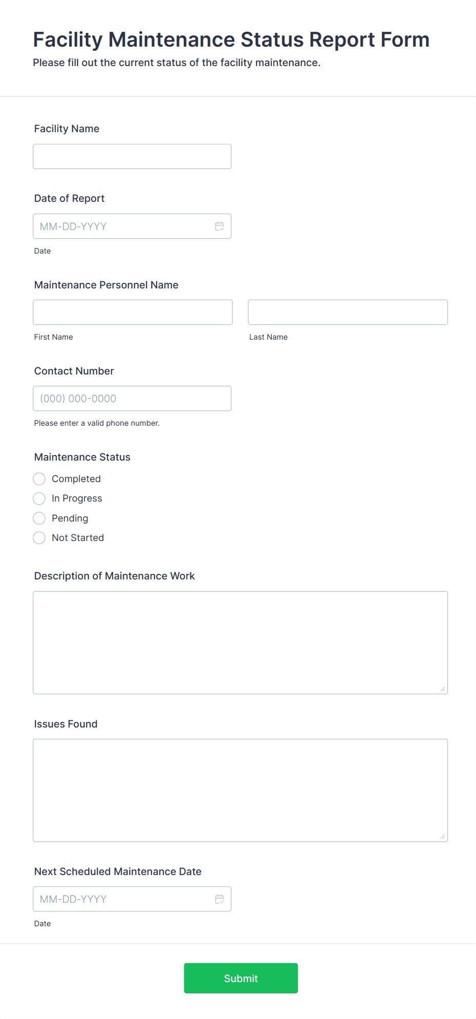 Facility Maintenance Status Report Form Template | Jotform