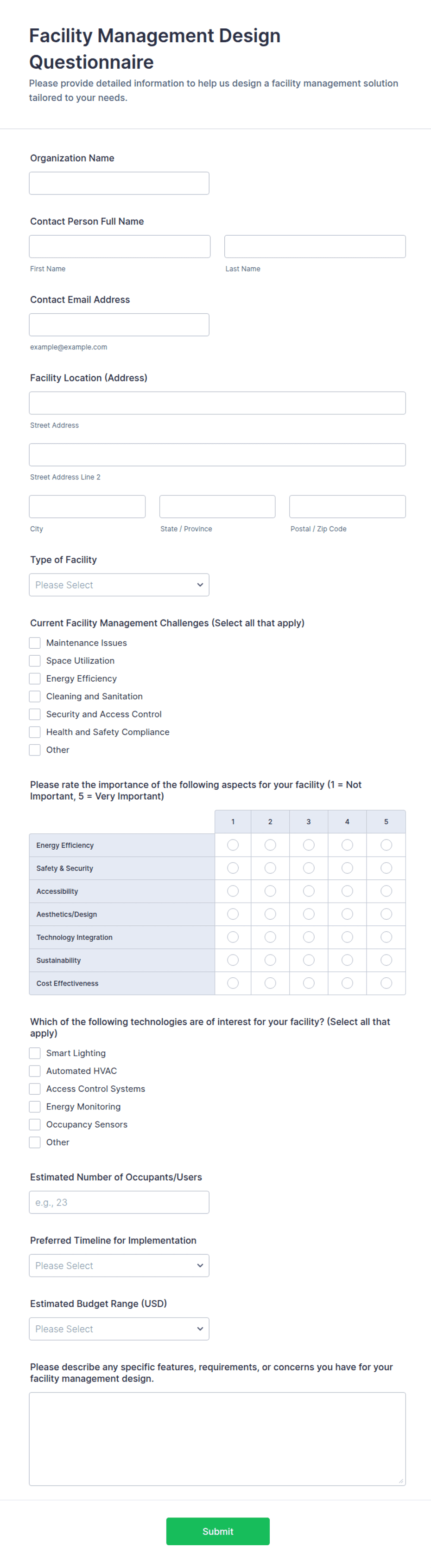 Facility Management Design Questionnaire Form Template | Jotform