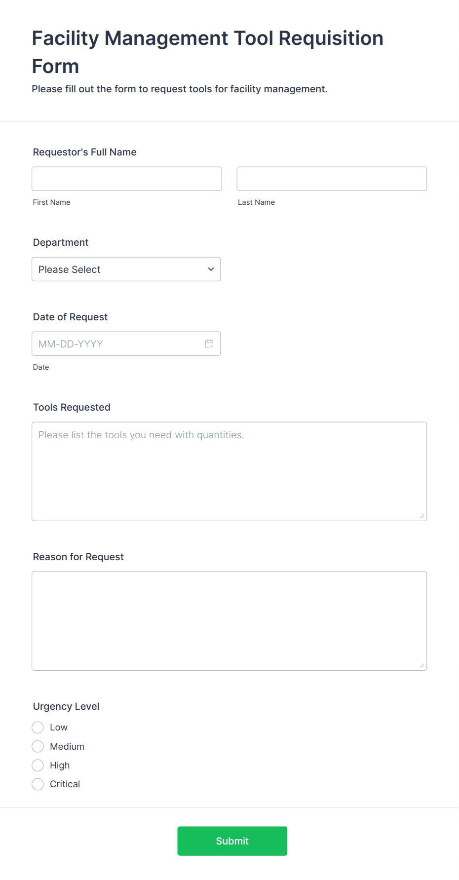 Facility Management Tool Requisition Form Template | Jotform