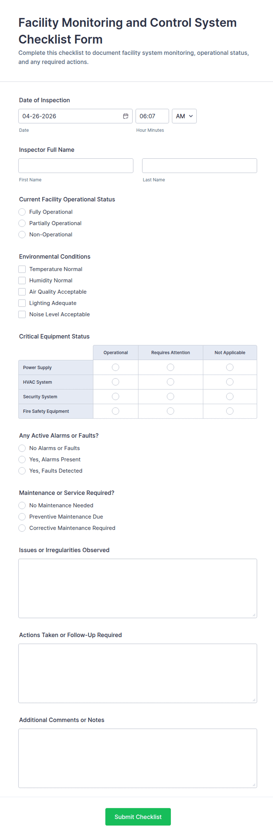Facility Monitoring and Control System Checklist Form Template | Jotform
