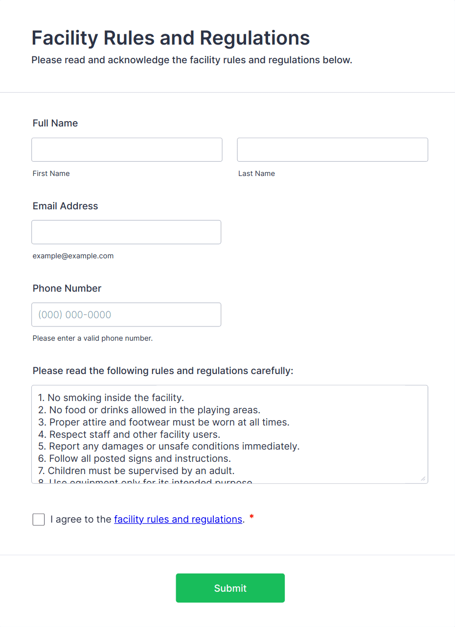 Facility Rules and Regulations Acknowledgment Form Template | Jotform