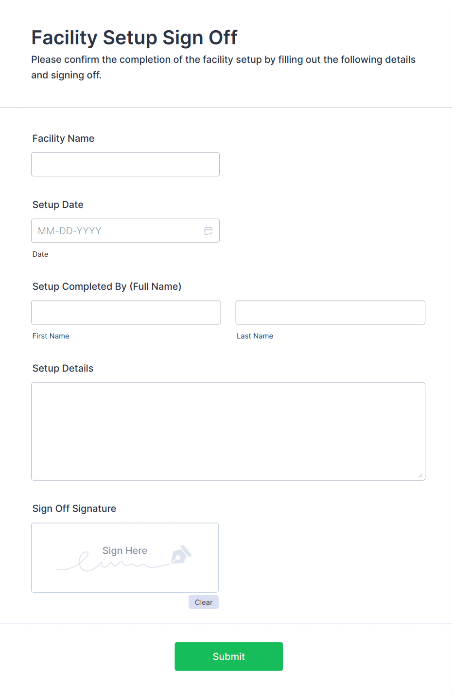 Facility Setup Sign Off Form Template | Jotform