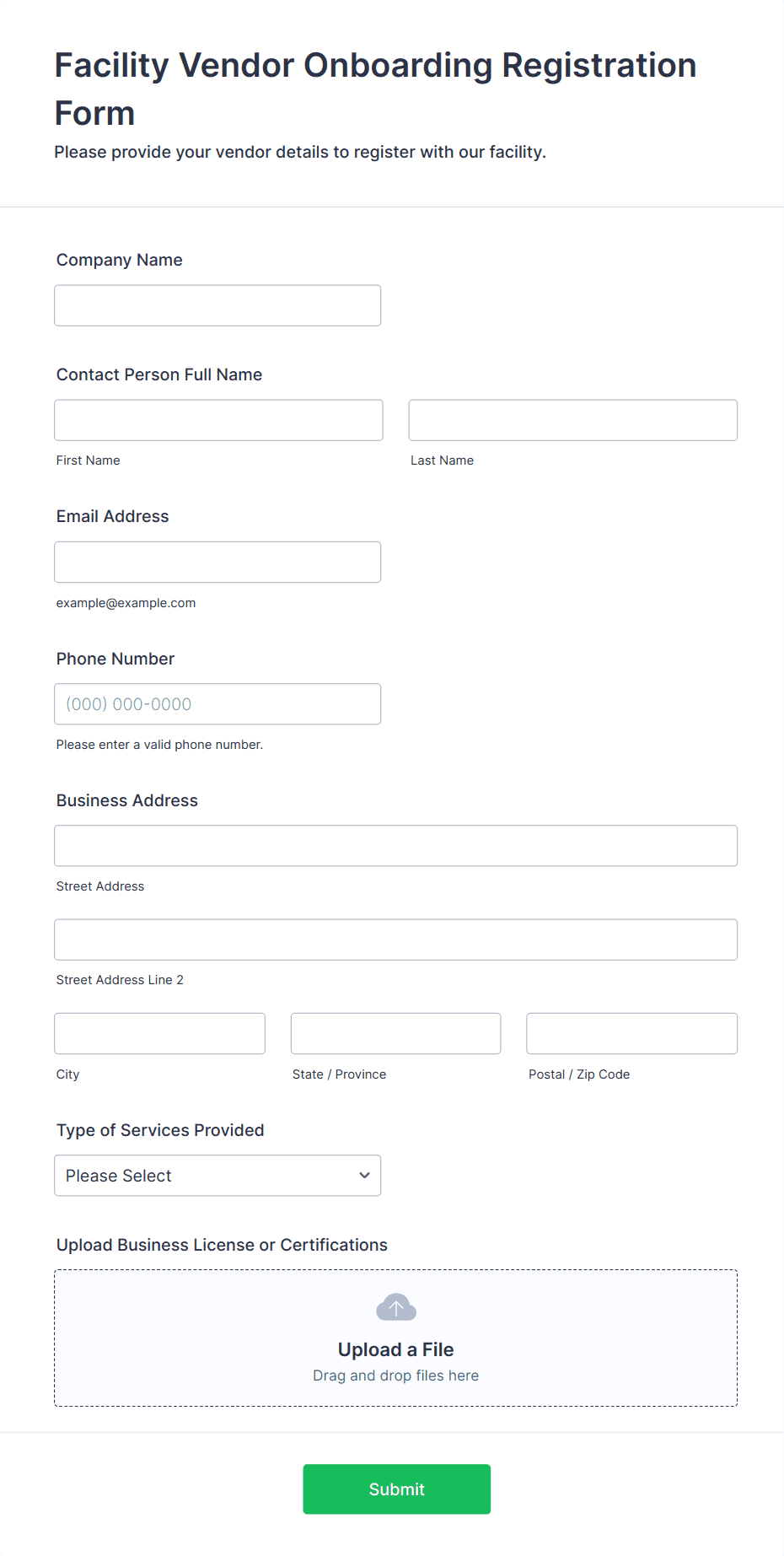 Facility Vendor Onboarding Registration Form Template | Jotform