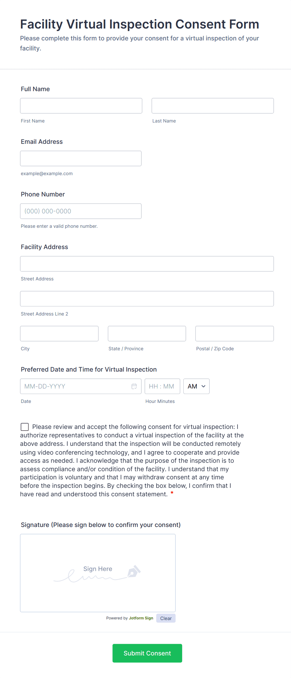 Facility Virtual Inspection Consent Form Template | Jotform