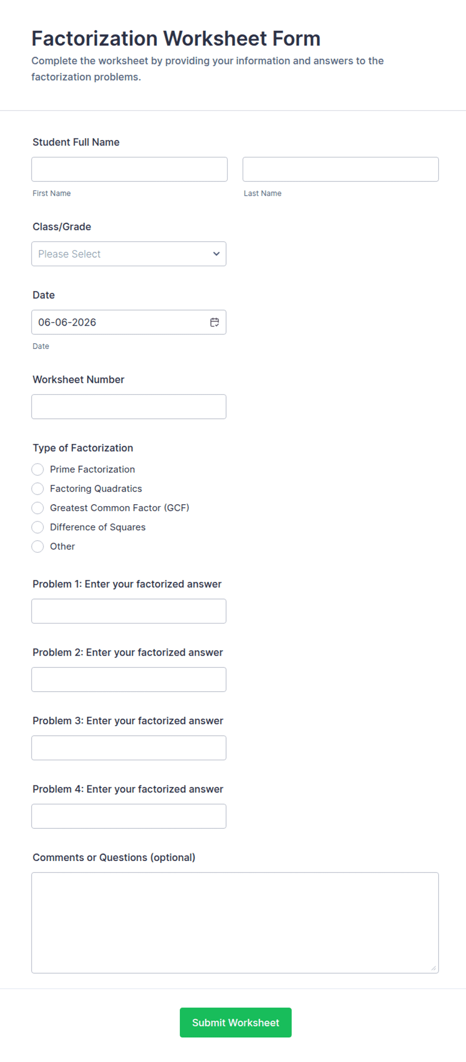 Factorization Worksheet Form Template | Jotform
