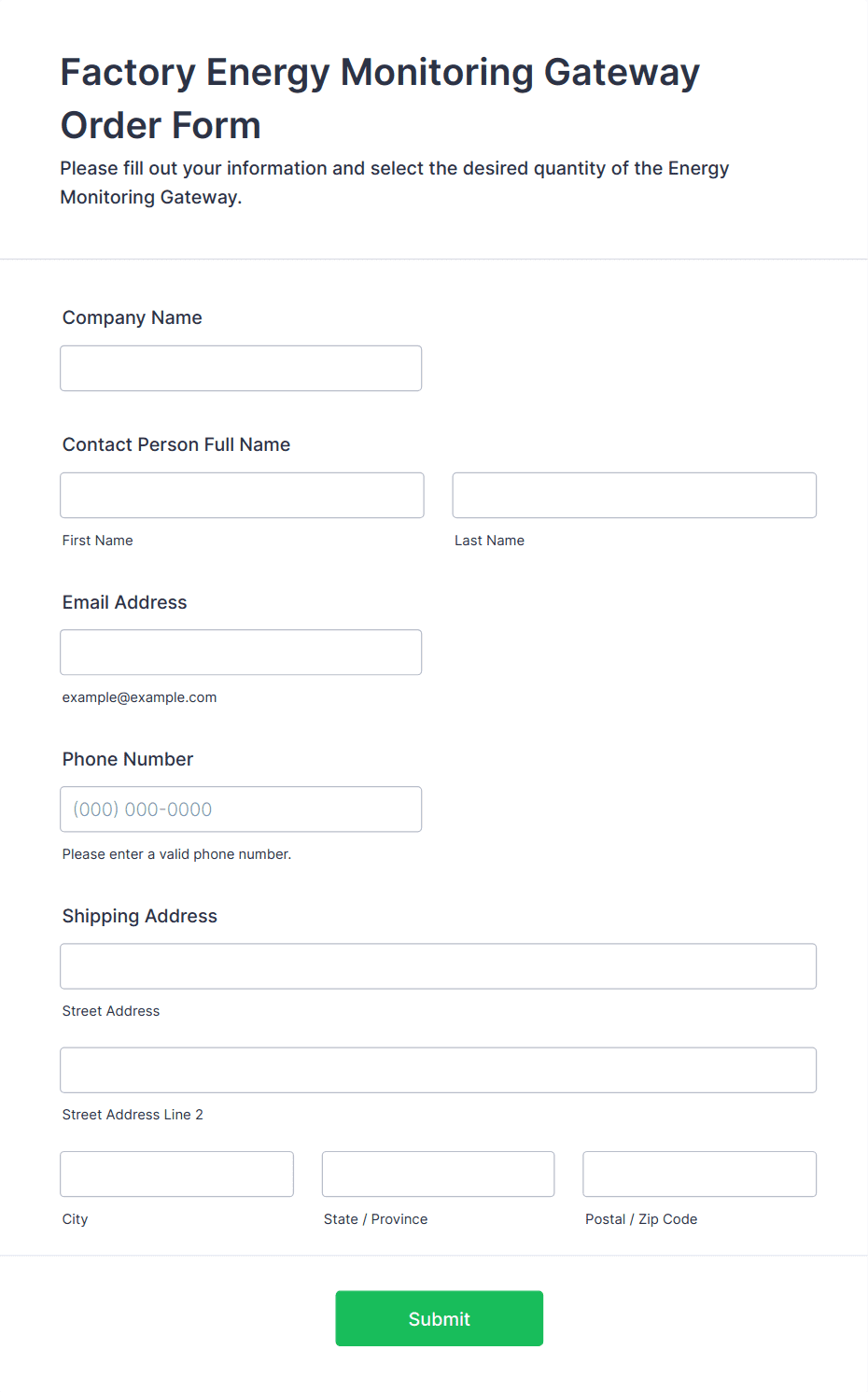 Factory Energy Monitoring Gateway Order Form Template | Jotform
