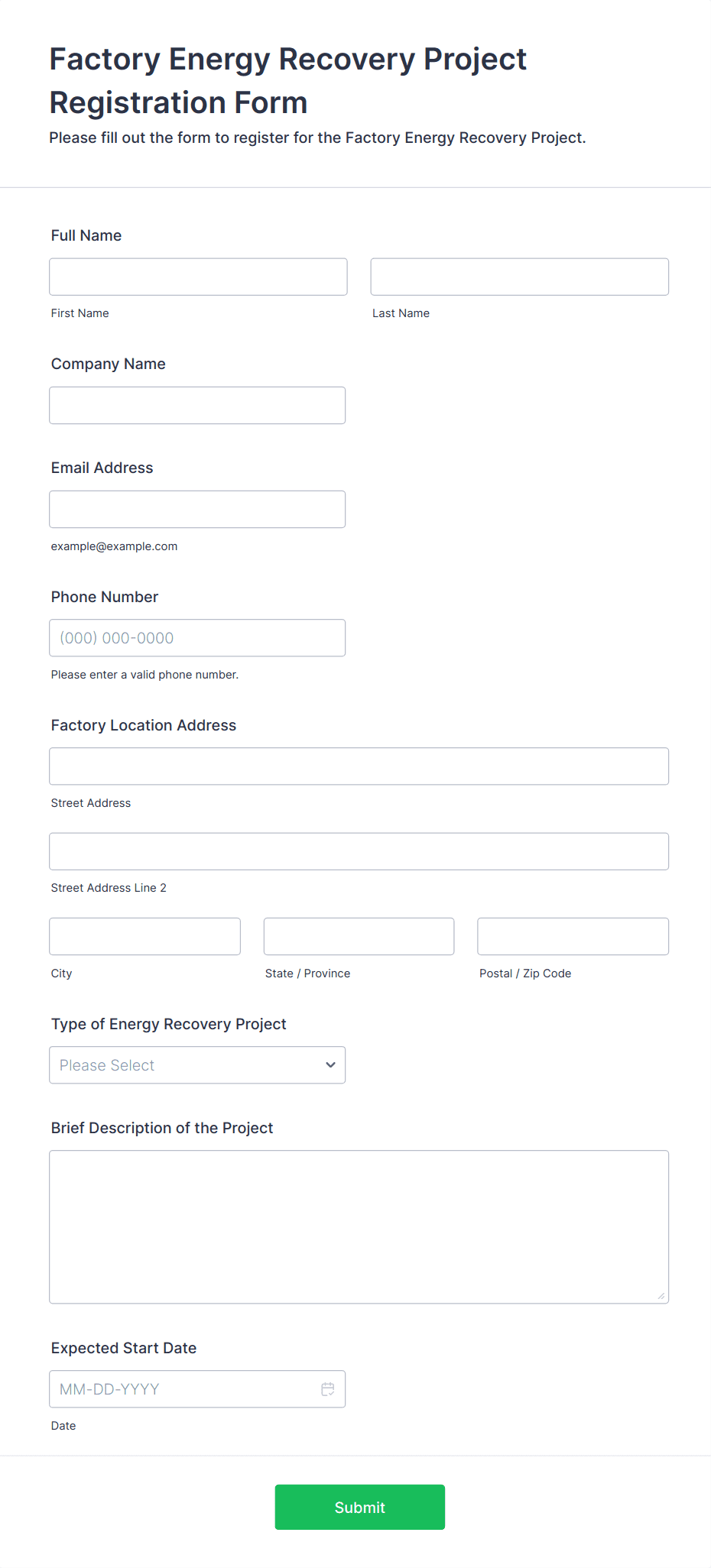 Factory Energy Recovery Project Registration Form Template | Jotform
