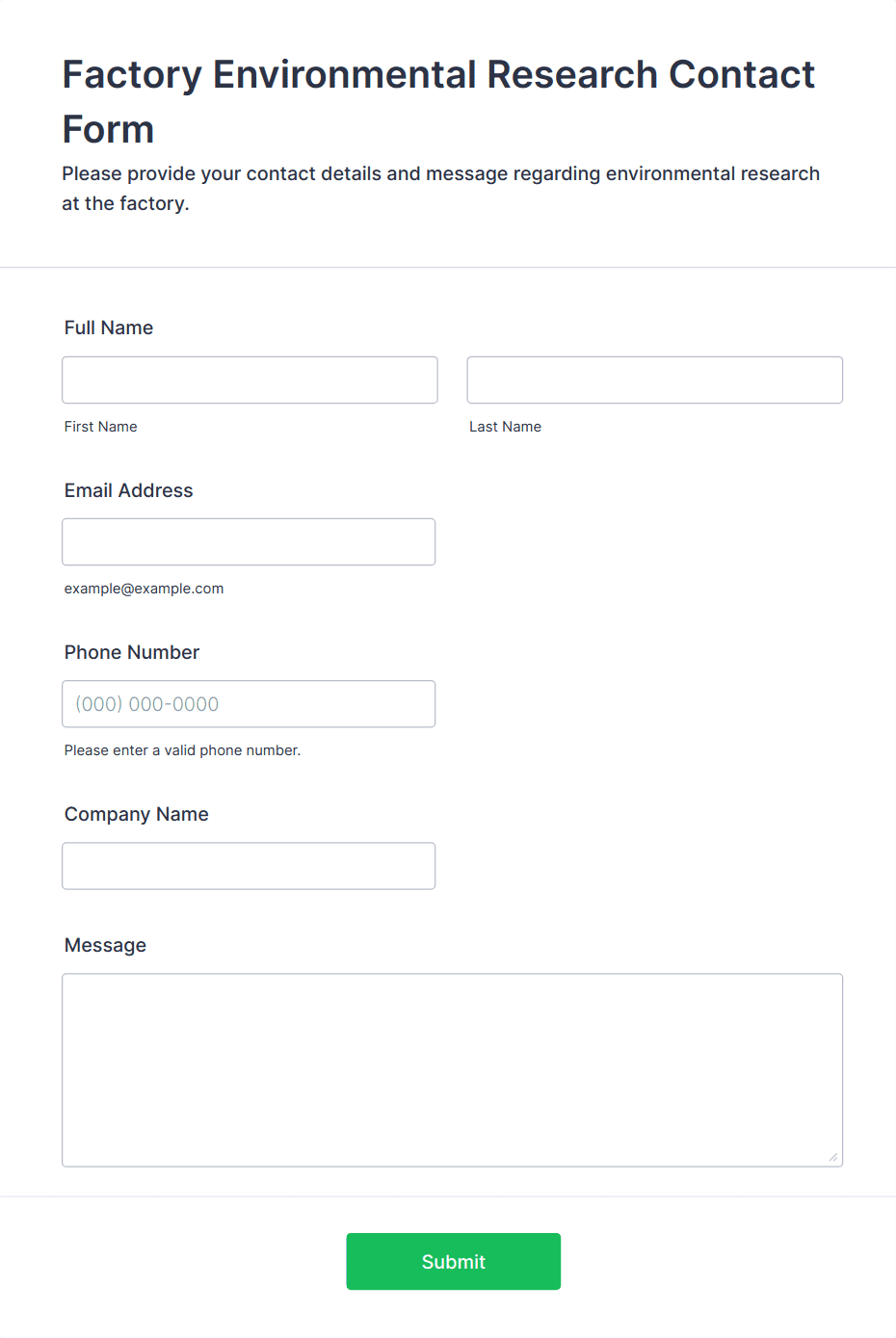 Factory Environmental Research Contact Form Template | Jotform