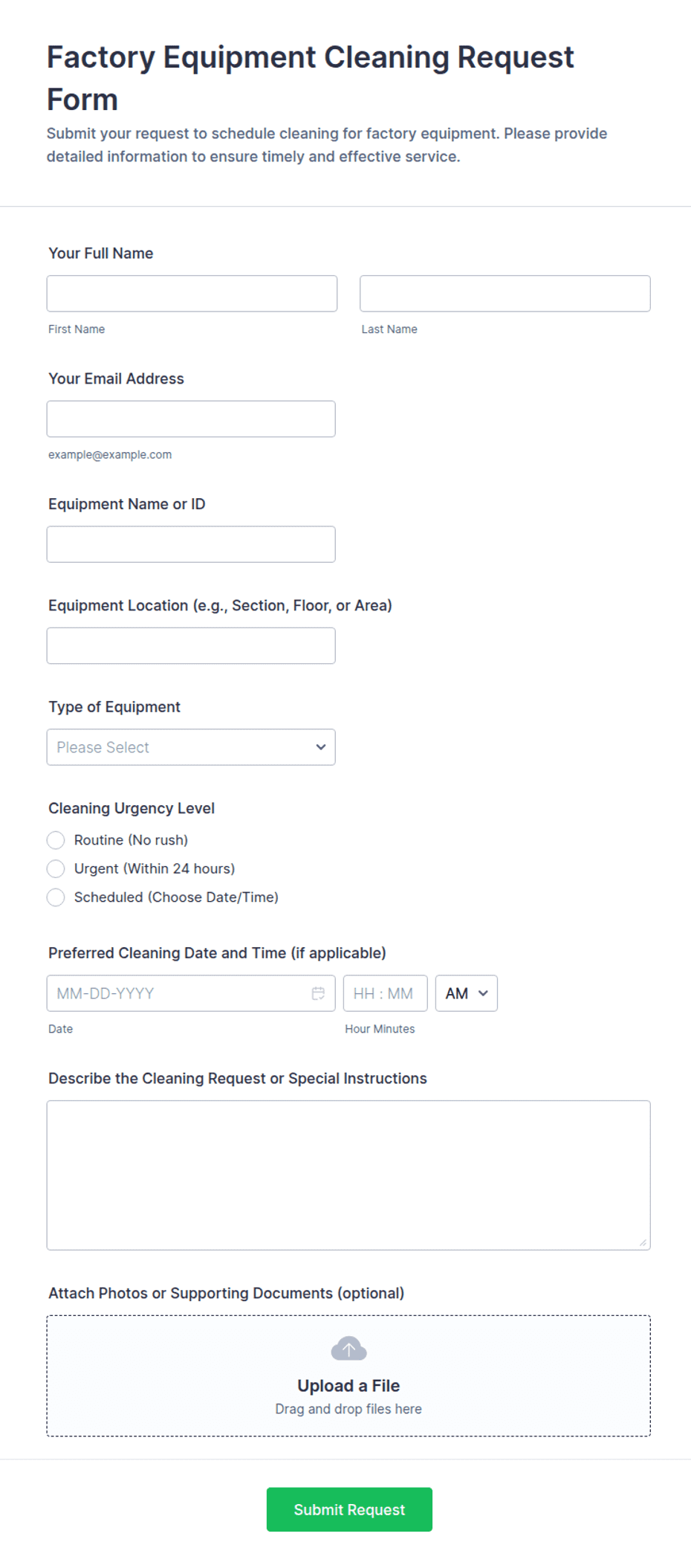 Factory Equipment Cleaning Request Form Template | Jotform