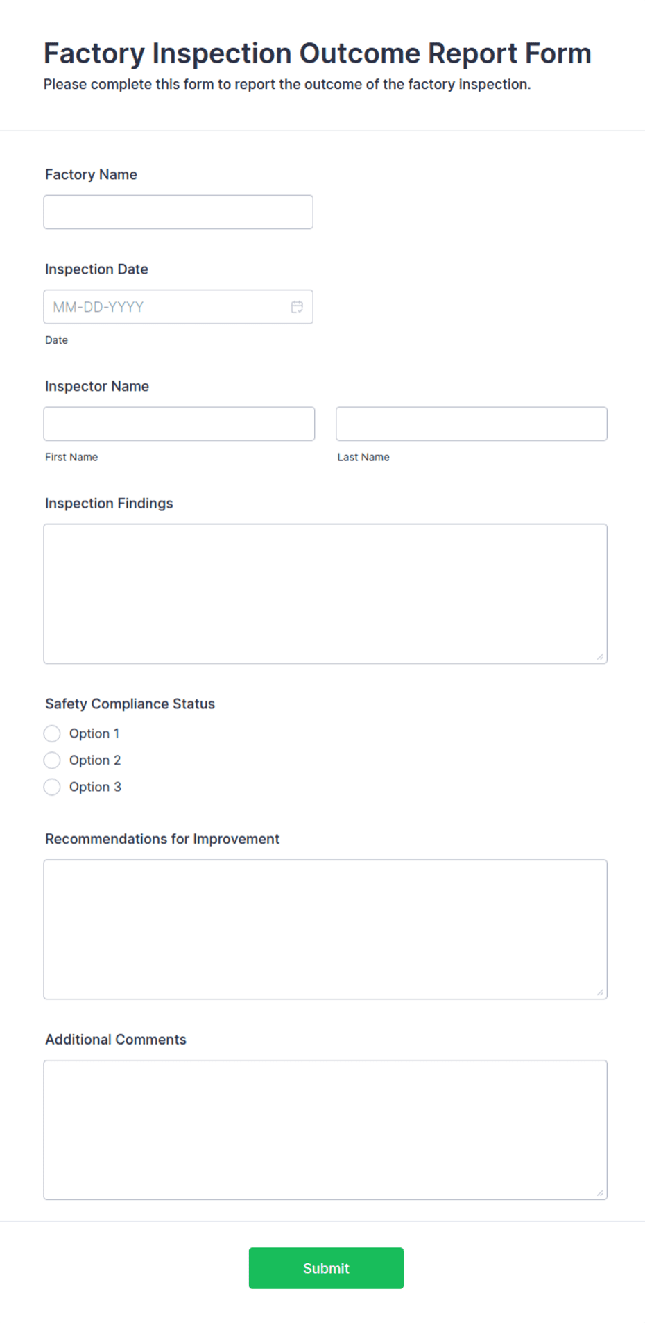 Factory Inspection Outcome Report Form Template | Jotform