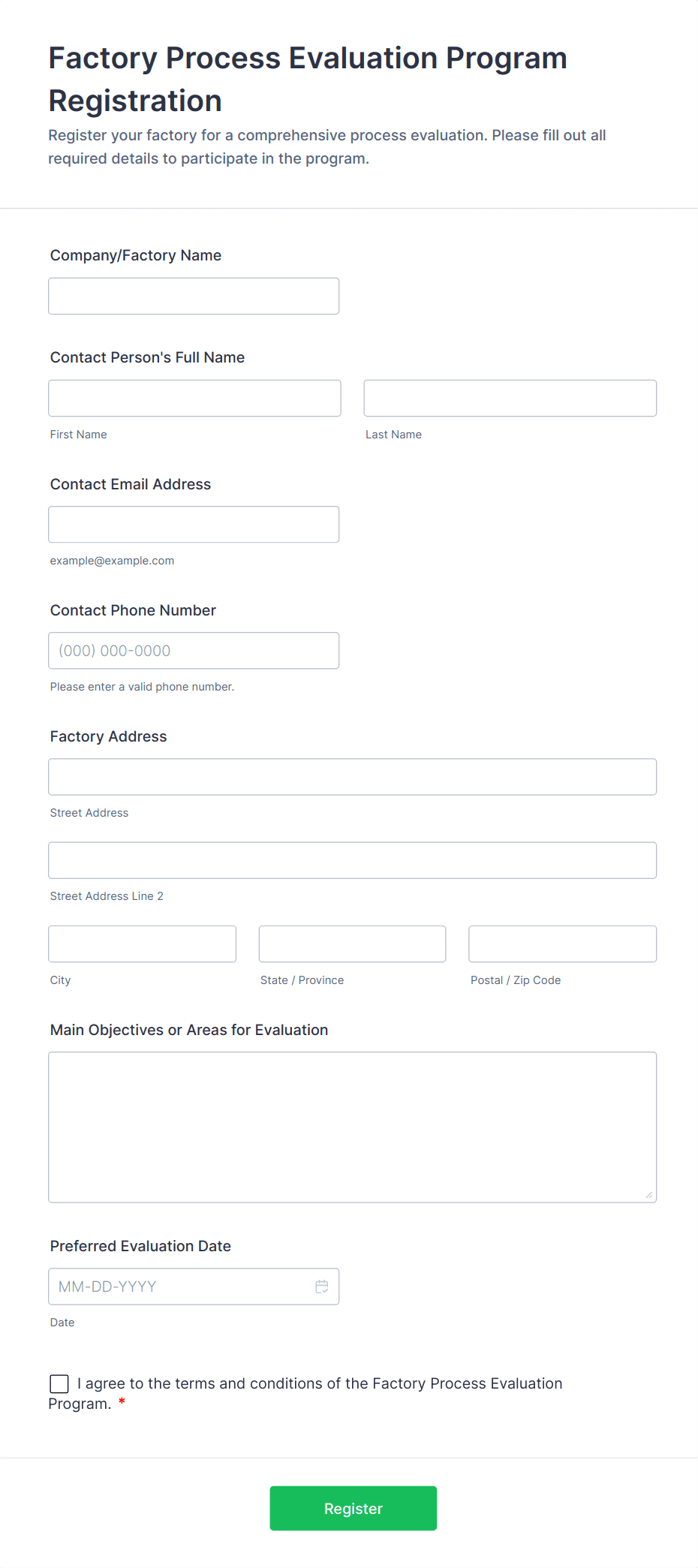 Factory Process Evaluation Program Registration Form Template | Jotform