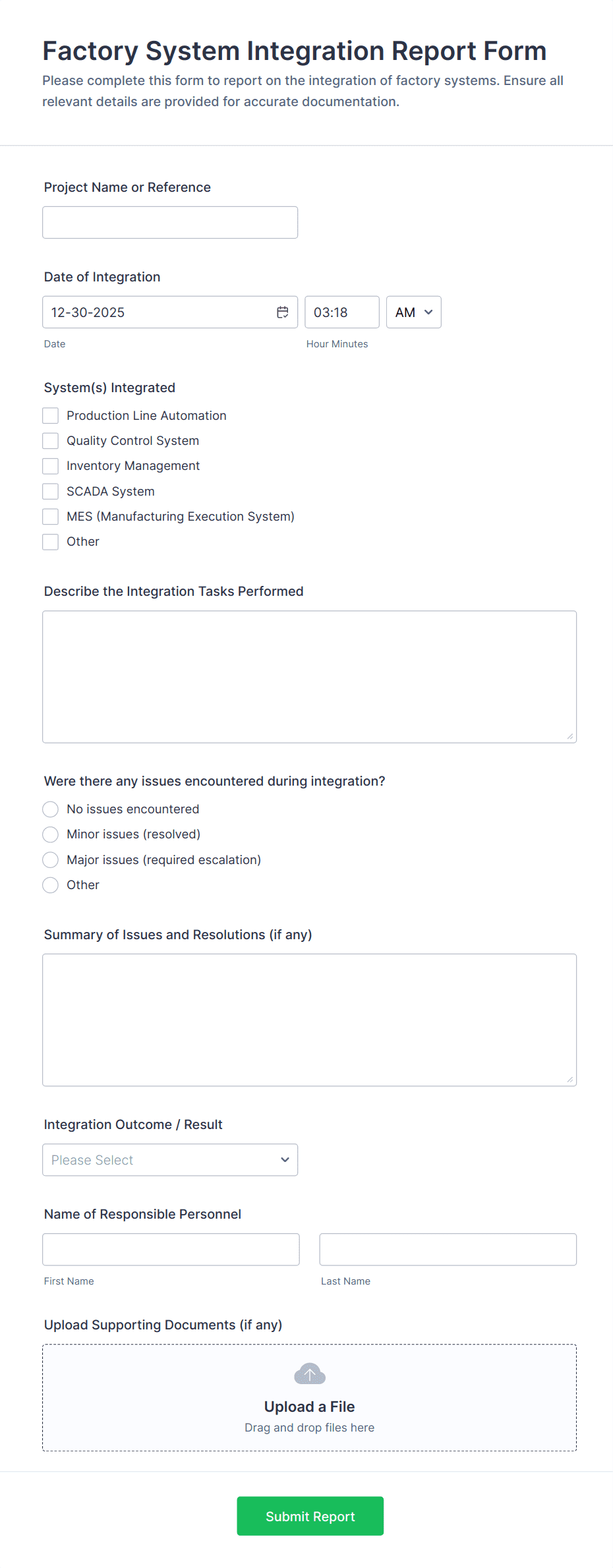 Factory System Integration Report Form Template | Jotform