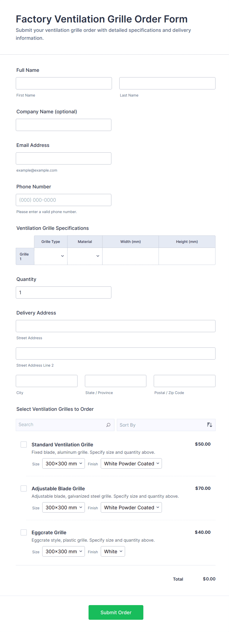 Factory Ventilation Grille Order Form Template | Jotform