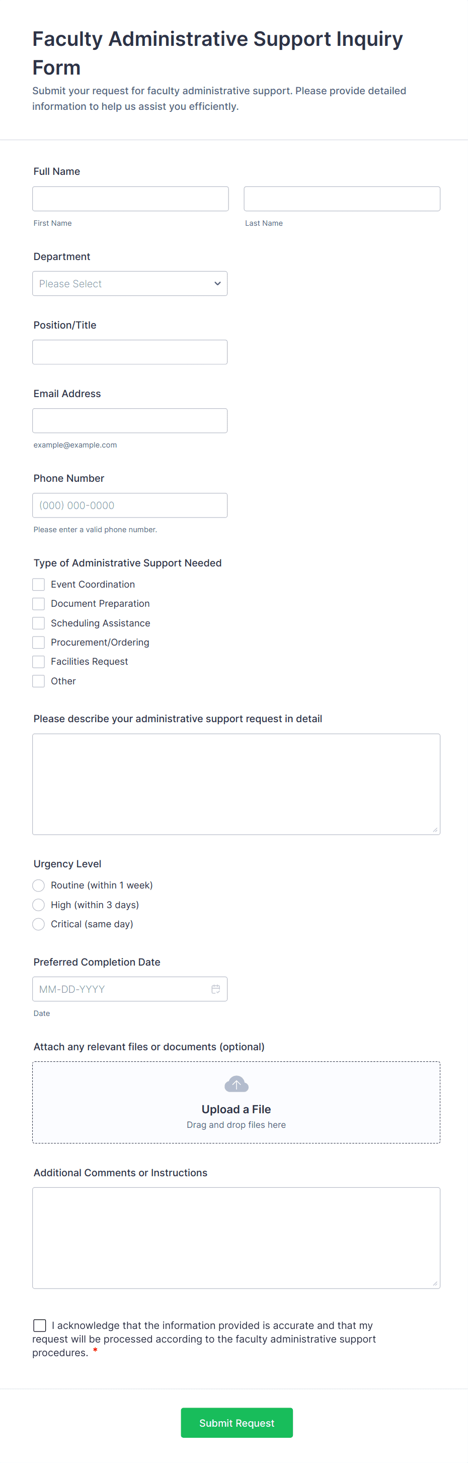 Faculty Administrative Support Inquiry Form Template | Jotform