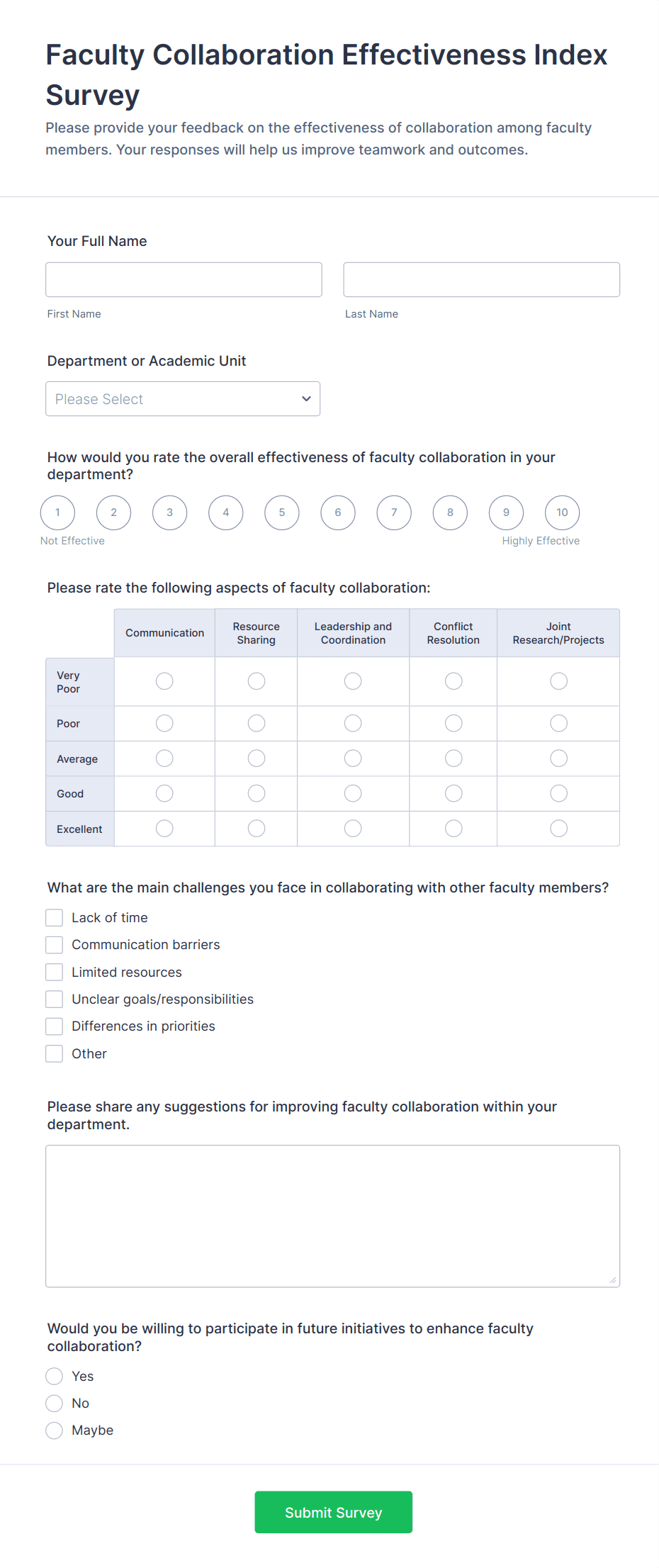 Faculty Collaboration Effectiveness Index Survey Form Template | Jotform