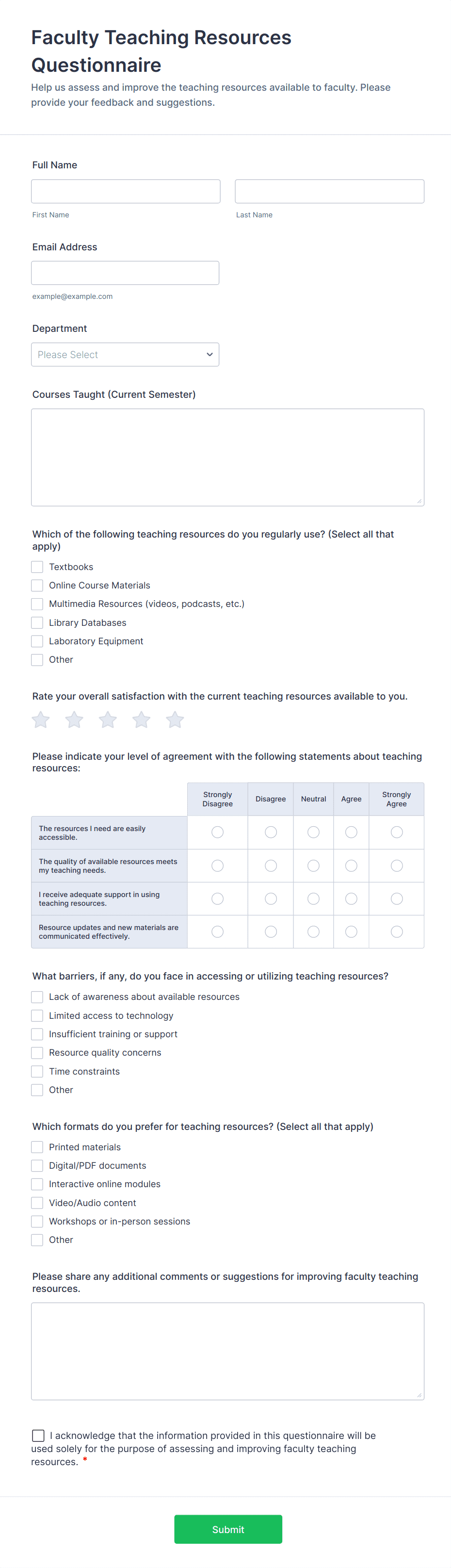 Faculty Teaching Resources Questionnaire Form Template | Jotform