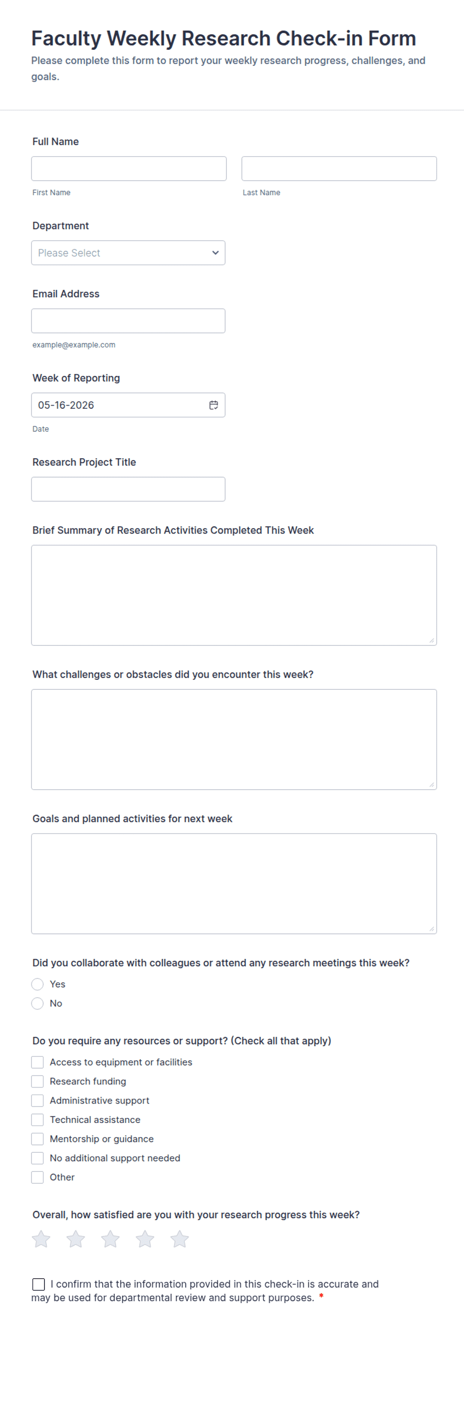 Faculty Weekly Research Check-in Form Template | Jotform