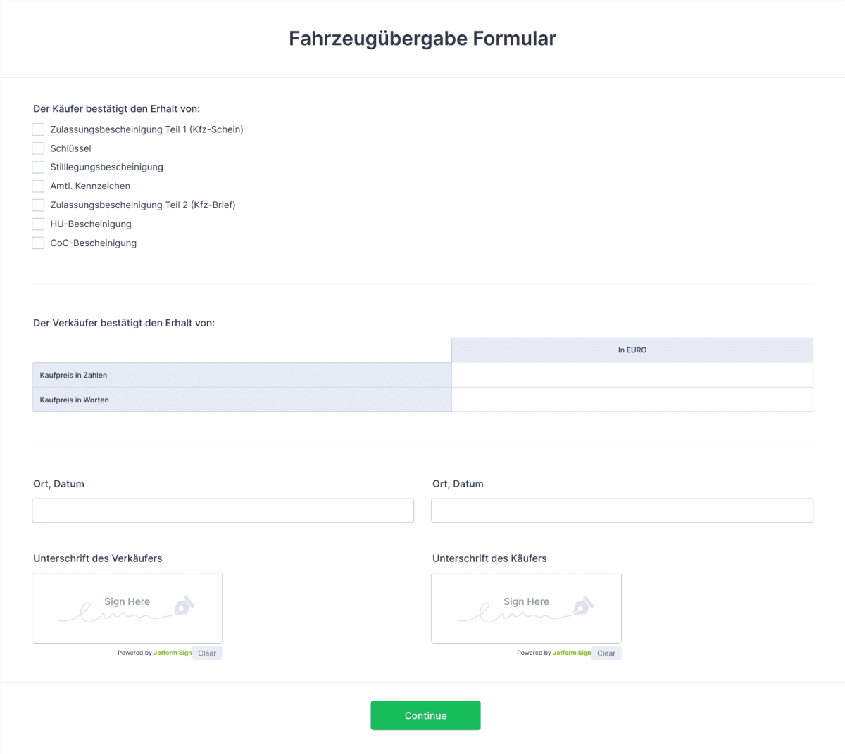 Fahrzeugübergabe Formular Formularvorlage | Jotform