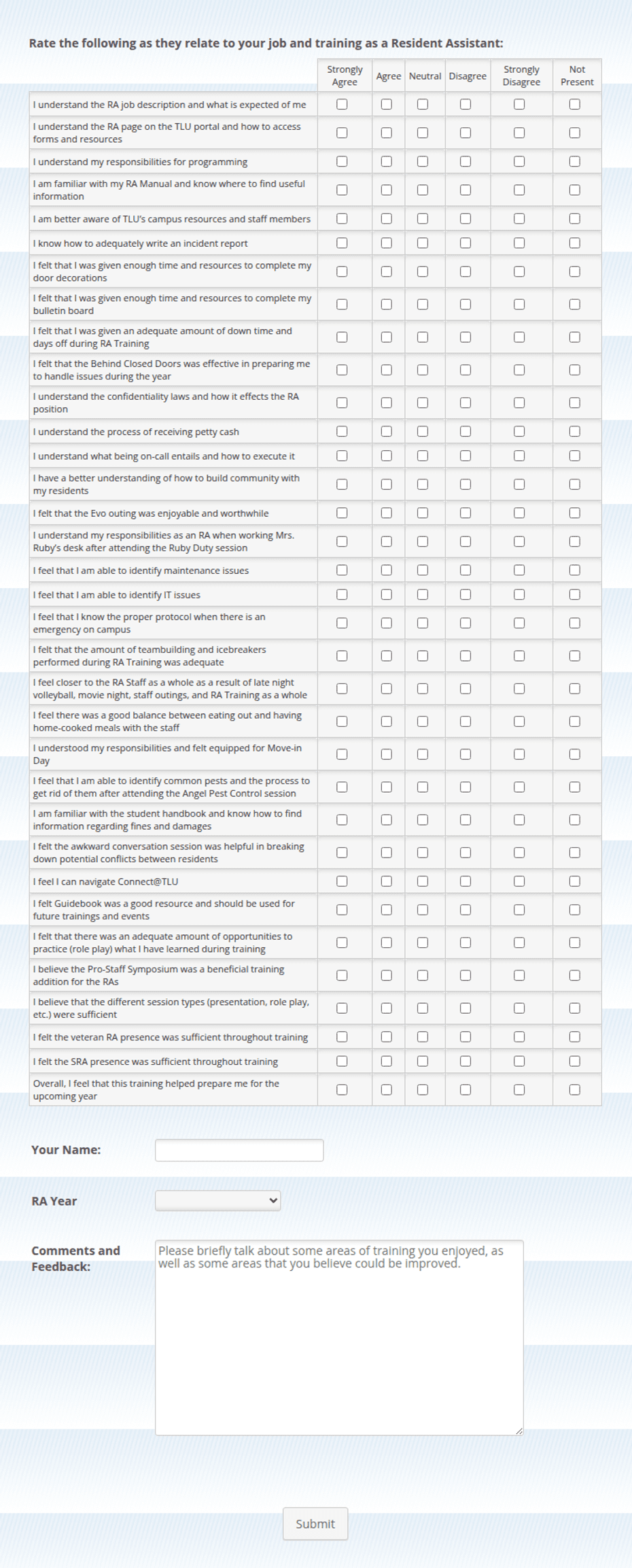Fall 2019 RA Training Evaluation Form Template | Jotform