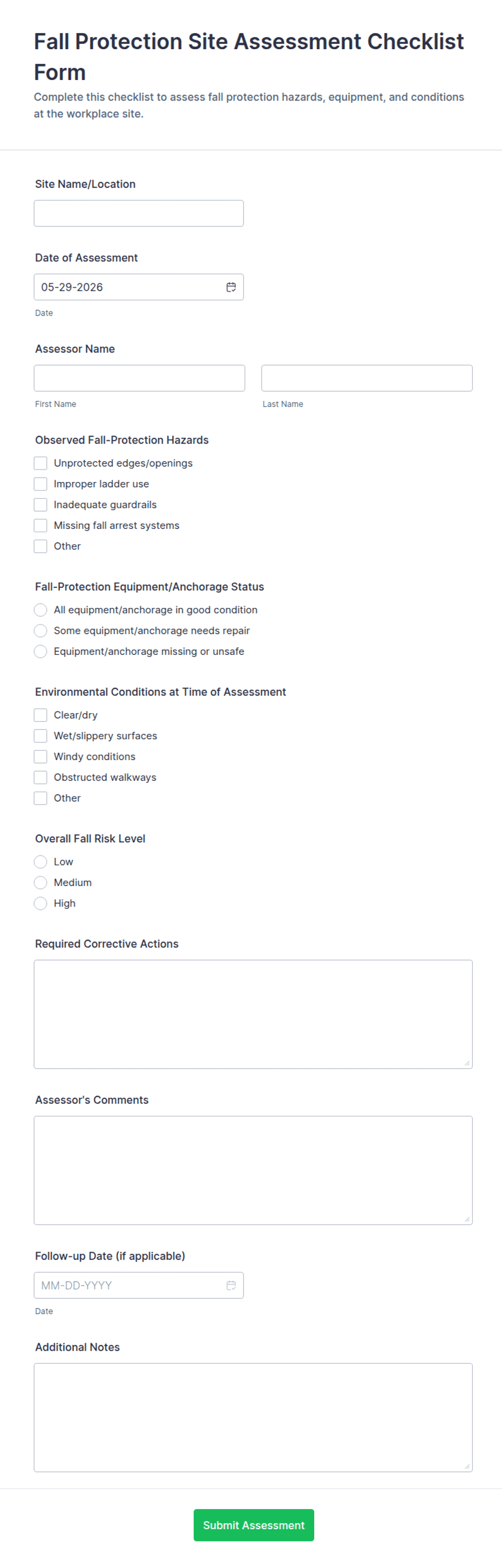 Fall Protection Site Assessment Checklist Form Template | Jotform
