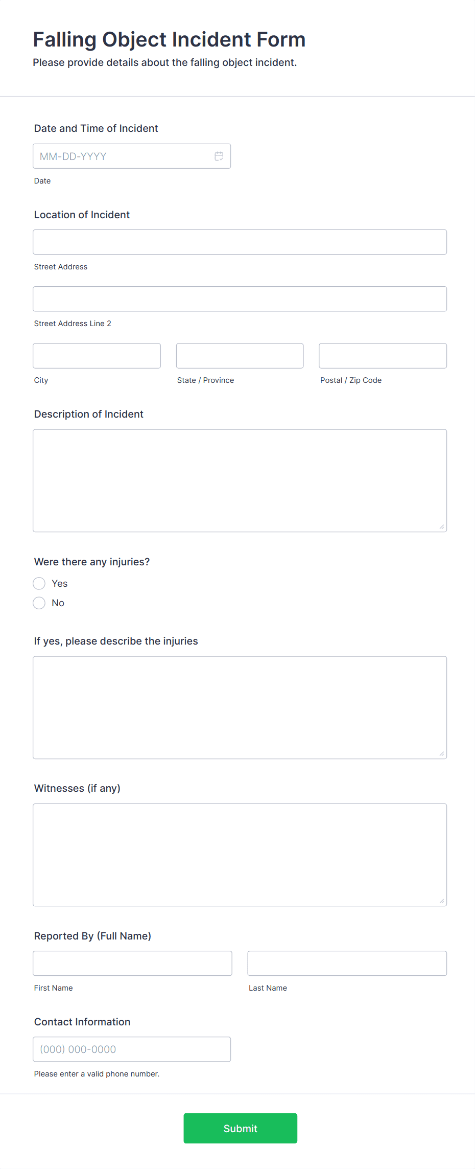 Falling Object Incident Form Template | Jotform