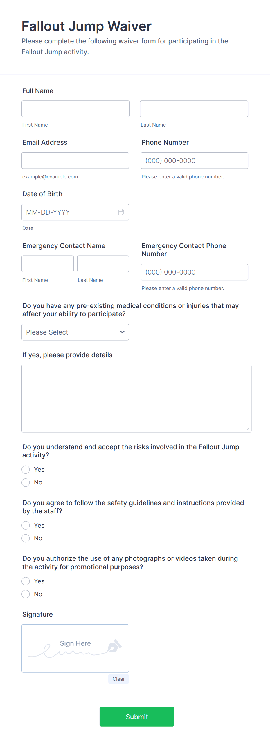 Fallout Jump Waiver Form Template | Jotform