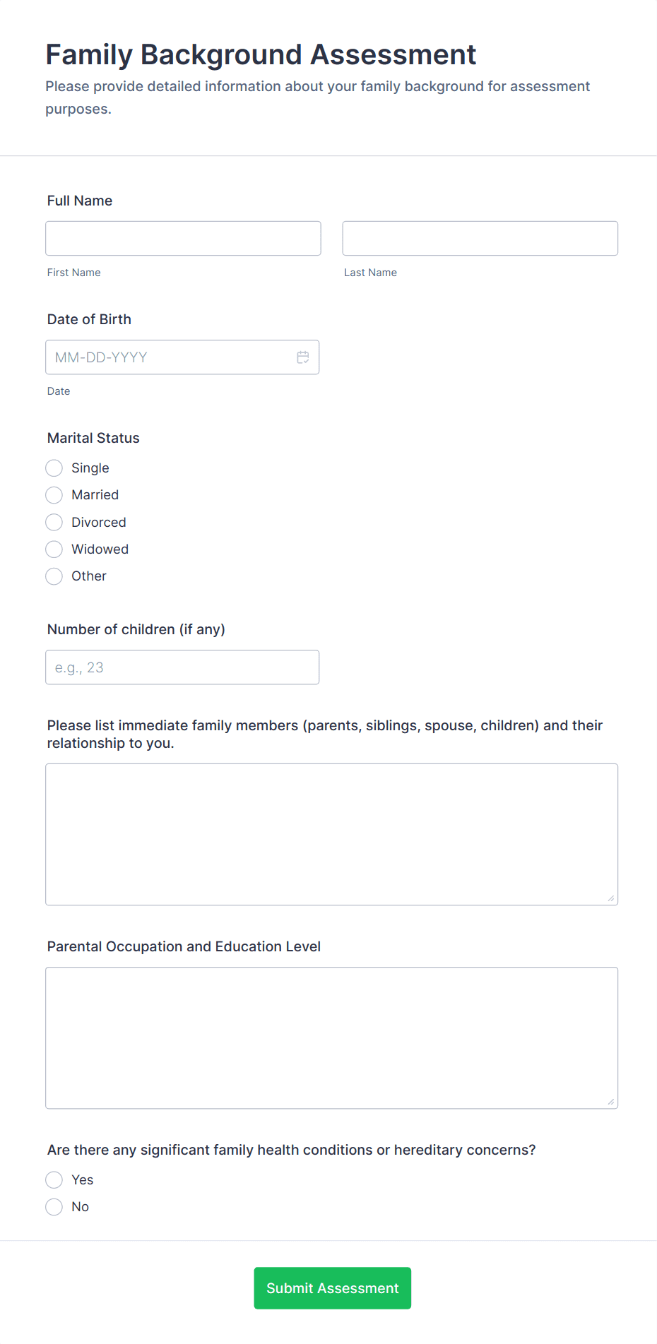 Family Background Assessment Form Template | Jotform
