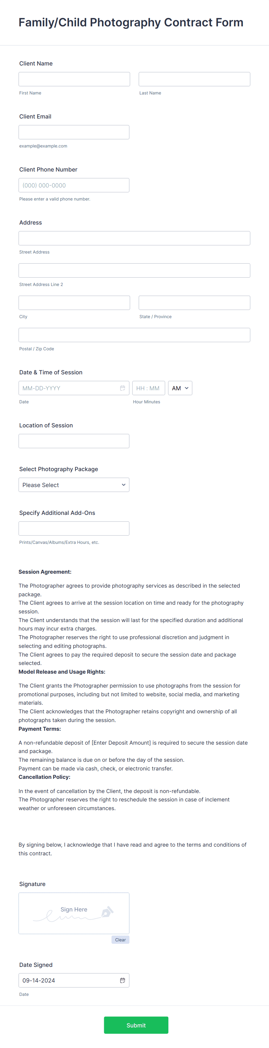 FamilyChild Photography Contract Form Template | Jotform