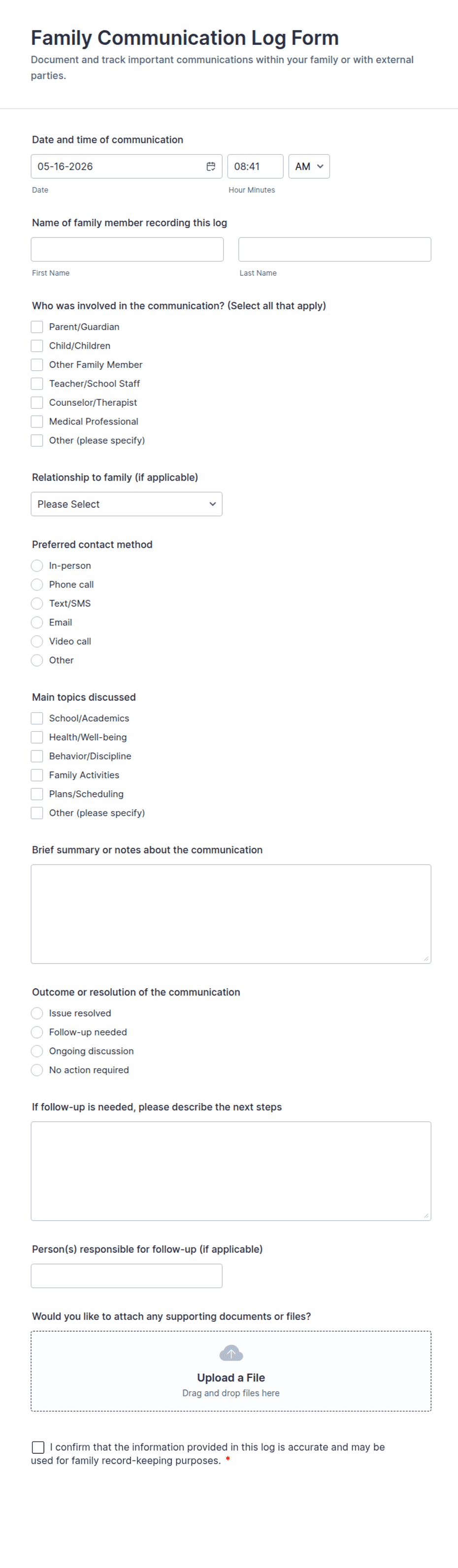 Family Communication Log Form Template | Jotform