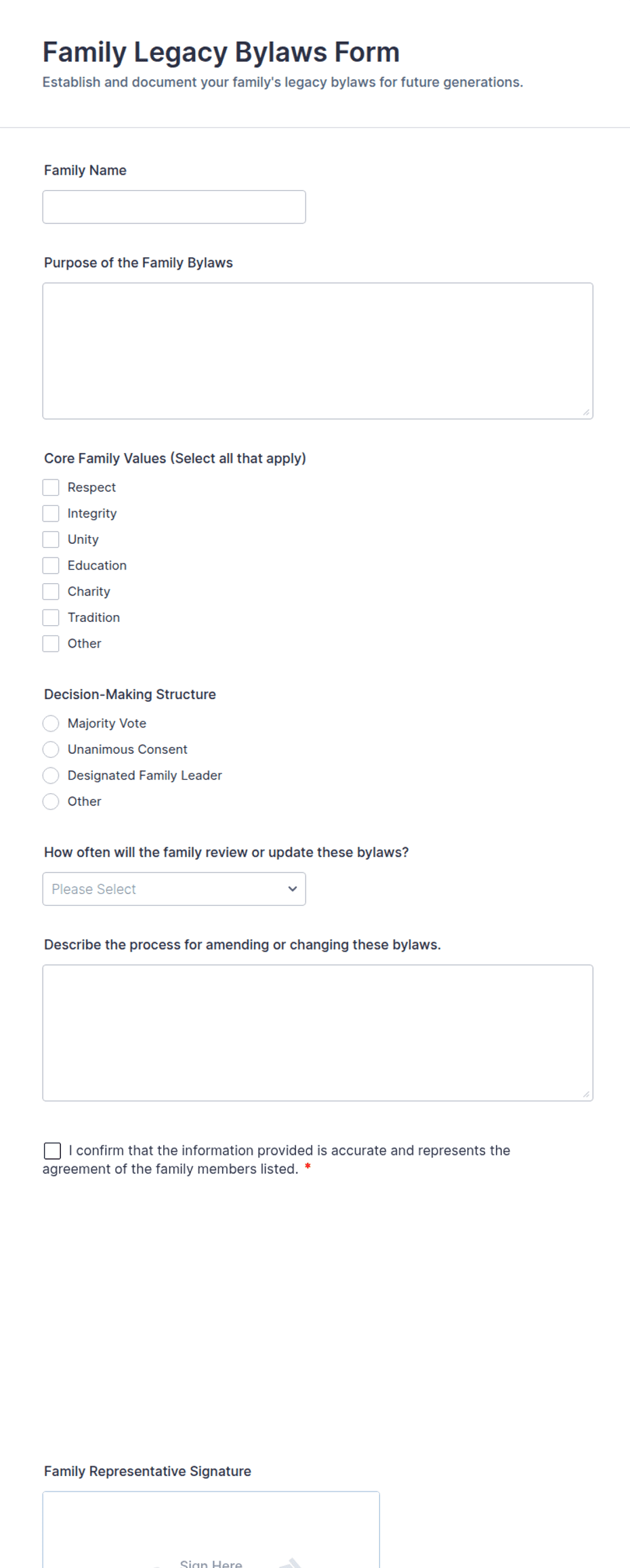 Family Legacy Bylaws Form Template | Jotform