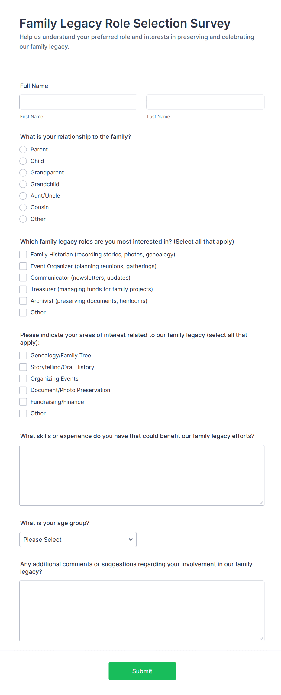Family Legacy Role Selection Survey Form Template | Jotform
