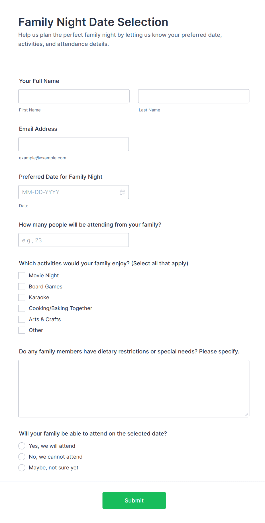 Family Night Date Selection Form Template | Jotform