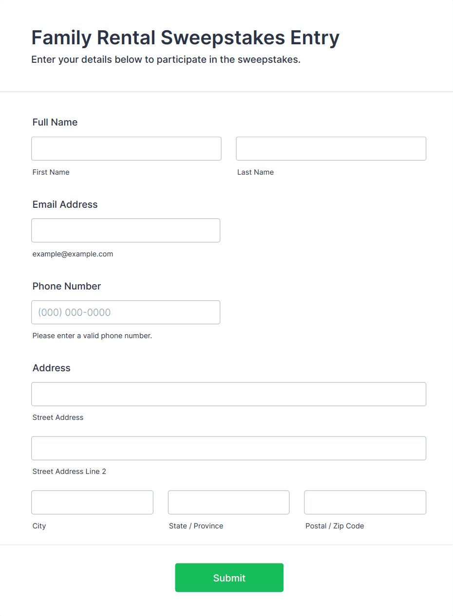 Family Rental Sweepstakes Entry Form Template | Jotform