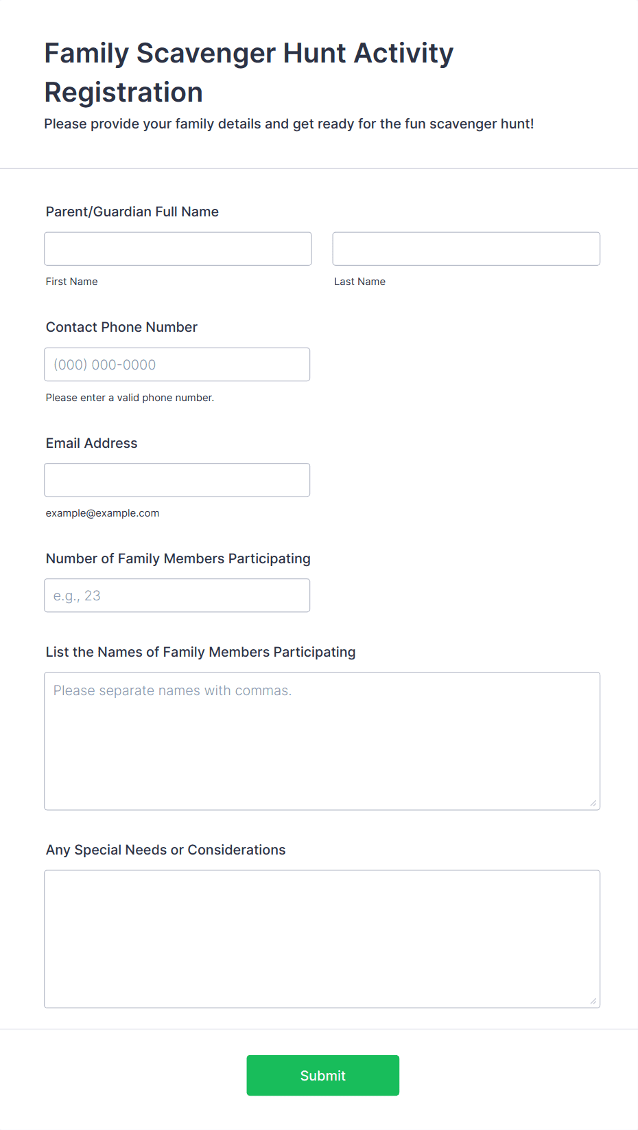 Family Scavenger Hunt Activity Registration Form Template | Jotform