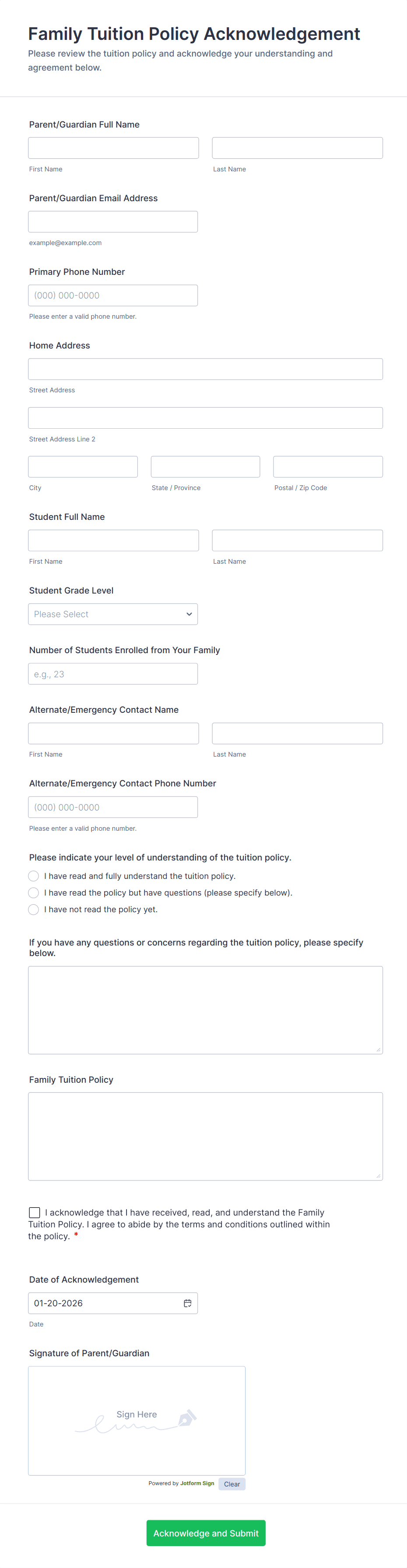 Family Tuition Policy Acknowledgement Form Template | Jotform