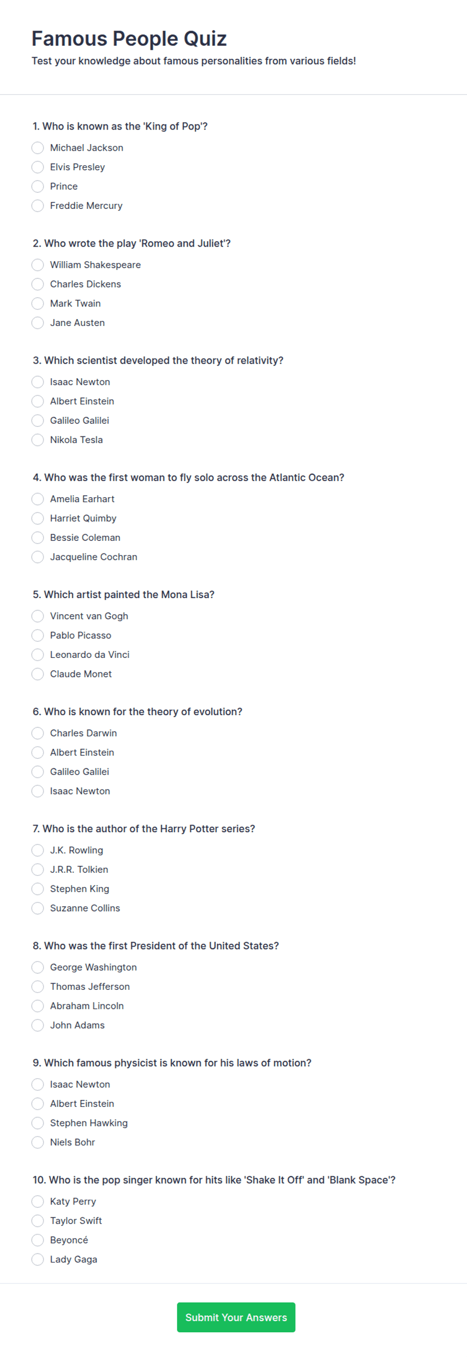 Famous People Quiz Form Template | Jotform