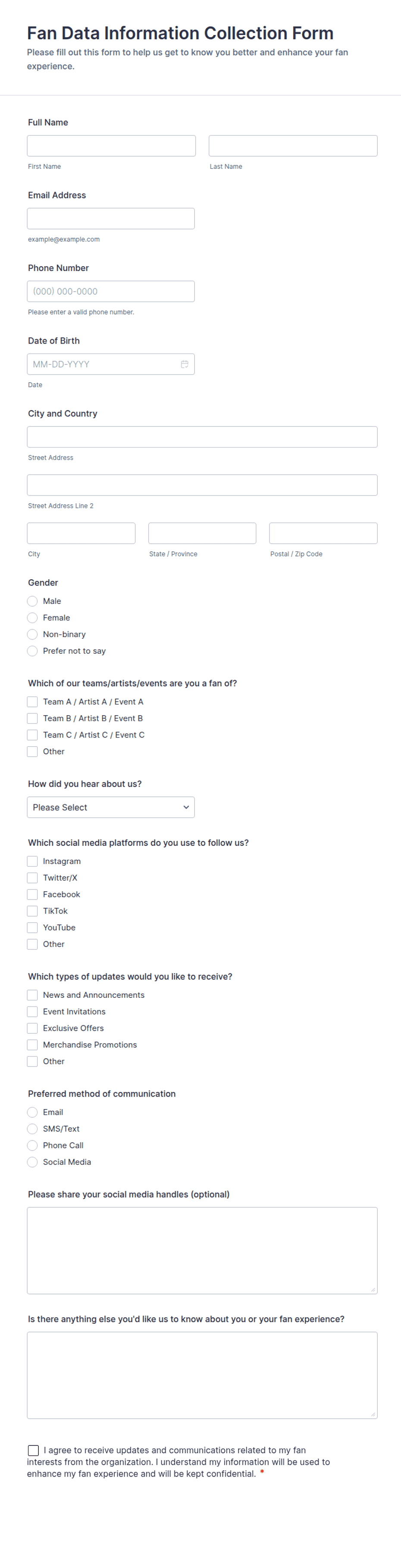 Fan Data Information Collection Form Template | Jotform