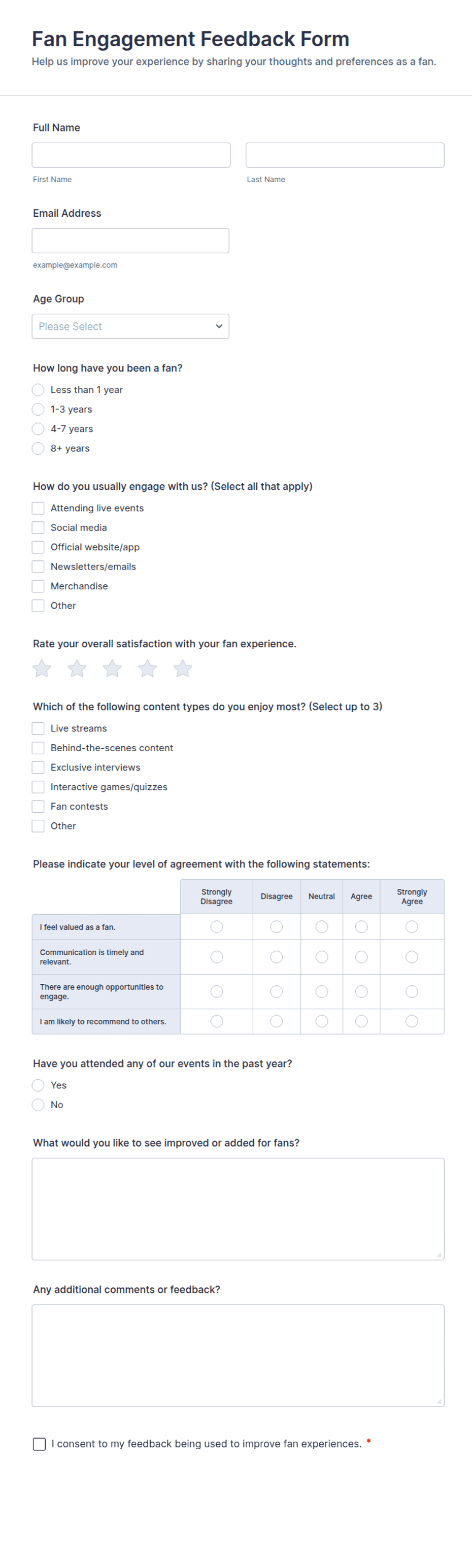 Fan Engagement Feedback Form Template | Jotform