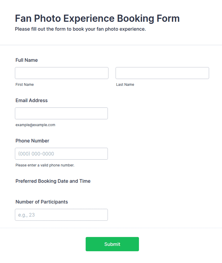 Fan Photo Experience Booking Form Template | Jotform