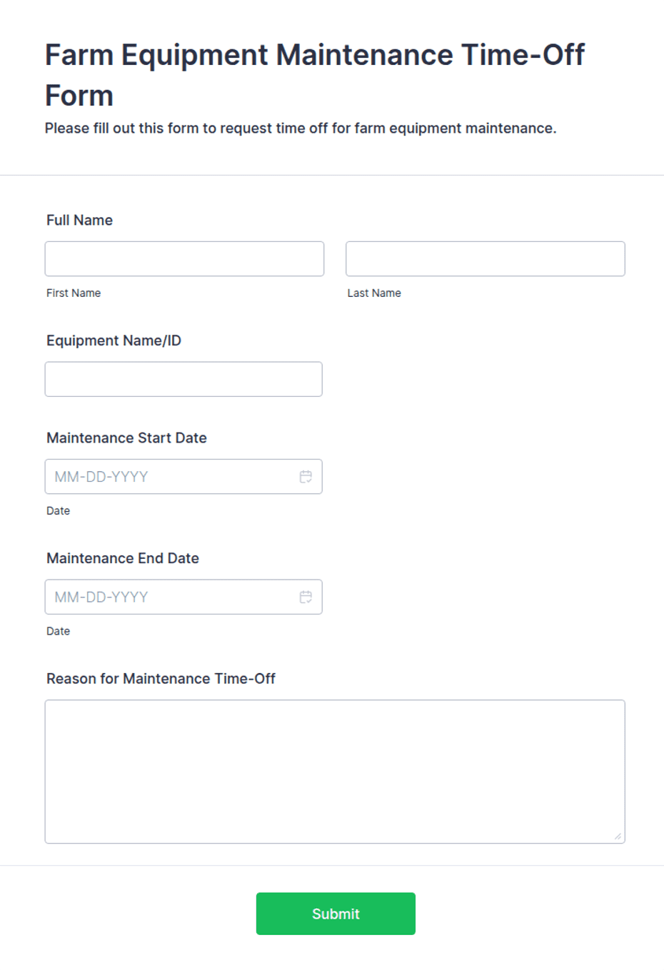 Farm Equipment Maintenance Time-Off Form Template | Jotform