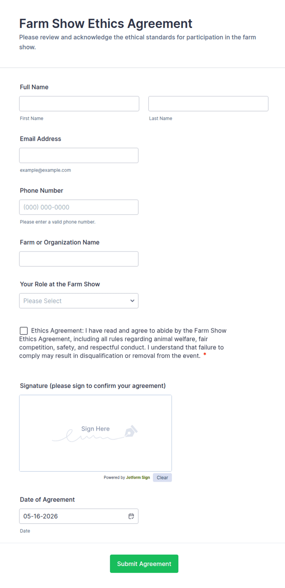Farm Show Ethics Agreement Form Template | Jotform