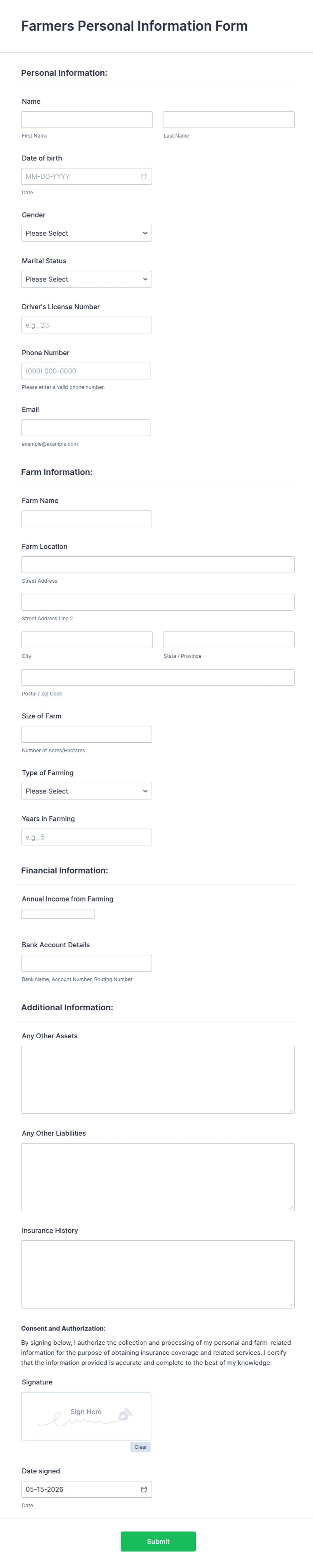 Farmers Personal Information Form Template | Jotform