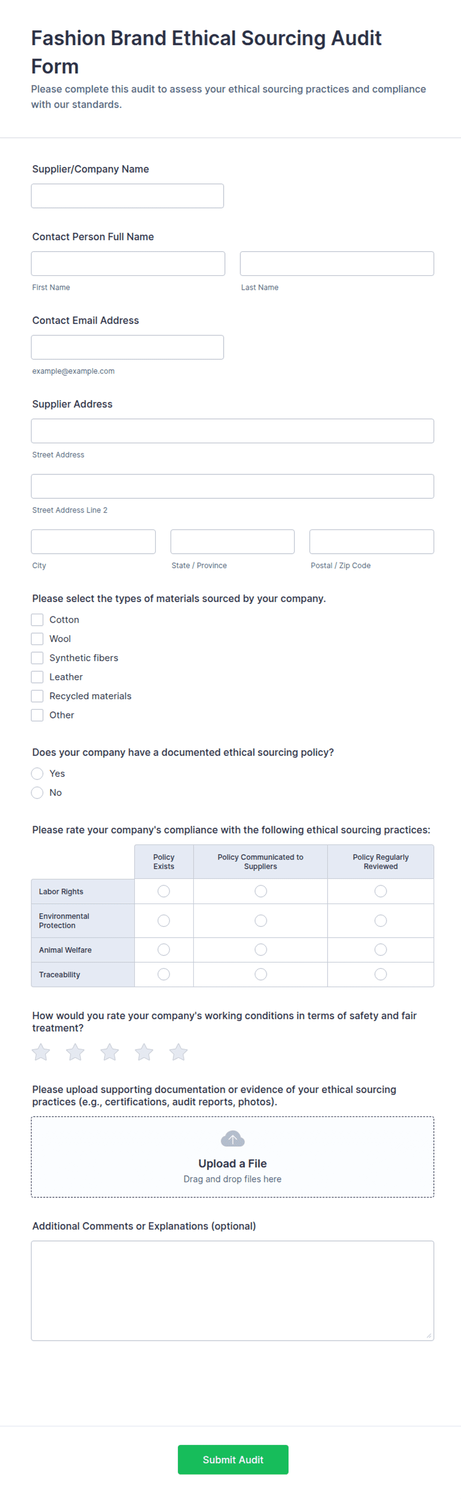 Fashion Brand Ethical Sourcing Audit Form Template | Jotform