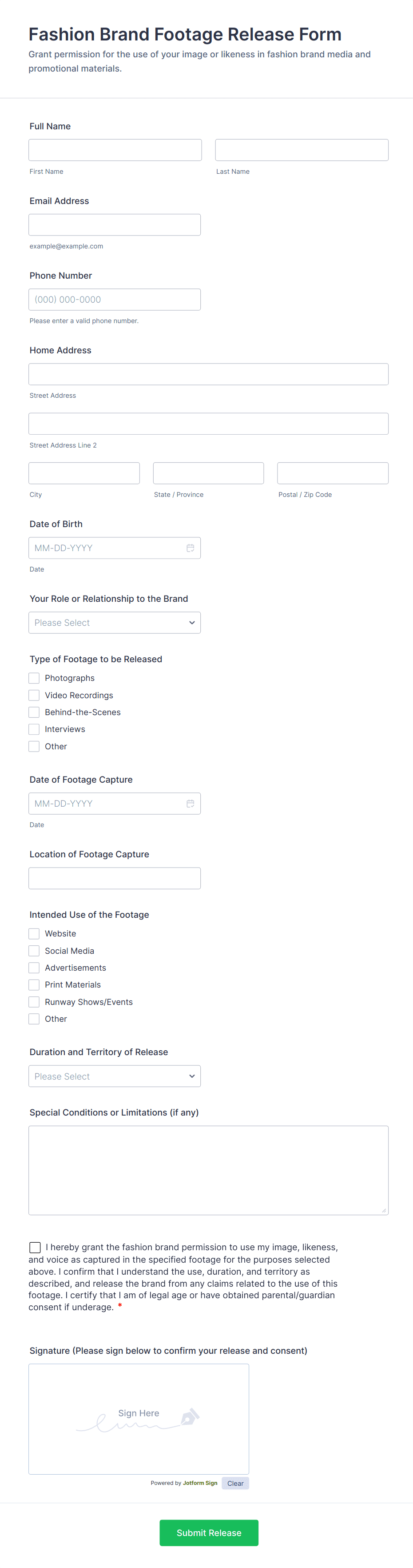 Fashion Brand Footage Release Form Template | Jotform