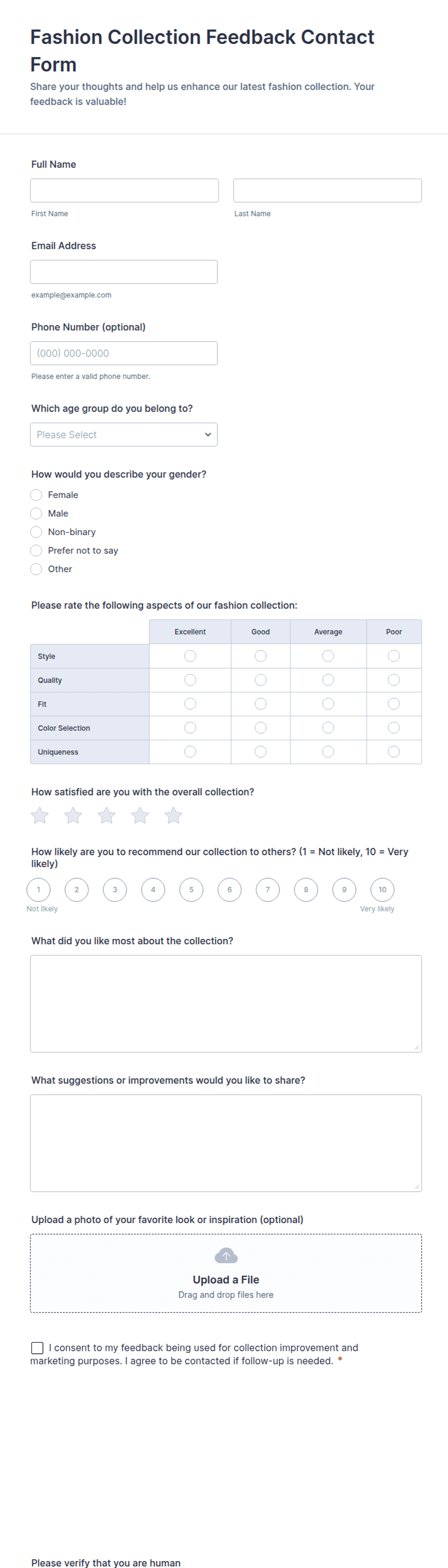 Fashion Collection Feedback Contact Form Template | Jotform