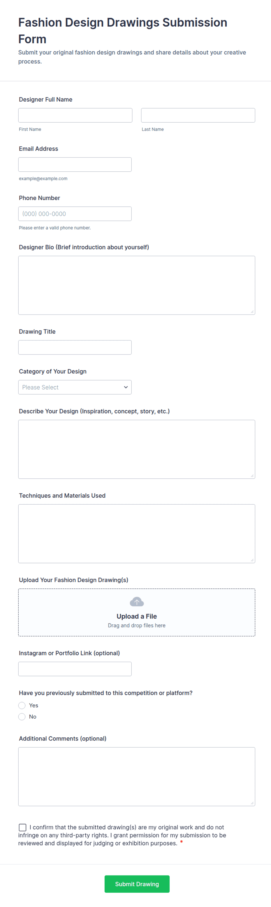 Fashion Design Drawings Submission Form Template | Jotform